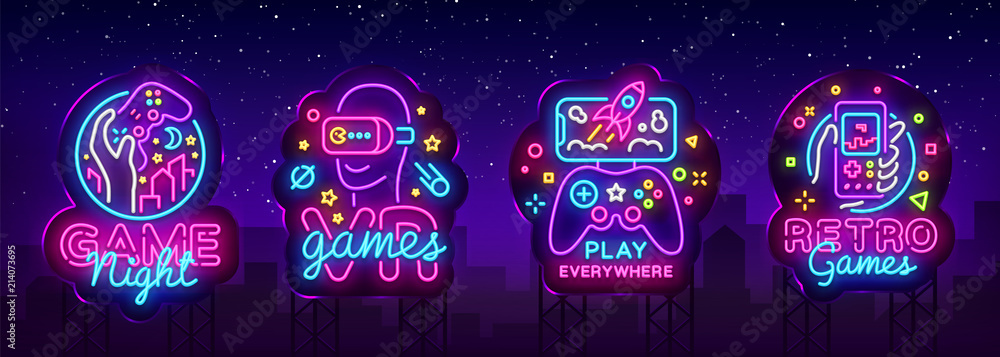 Video Games logos collection neon sign Vector design template ...