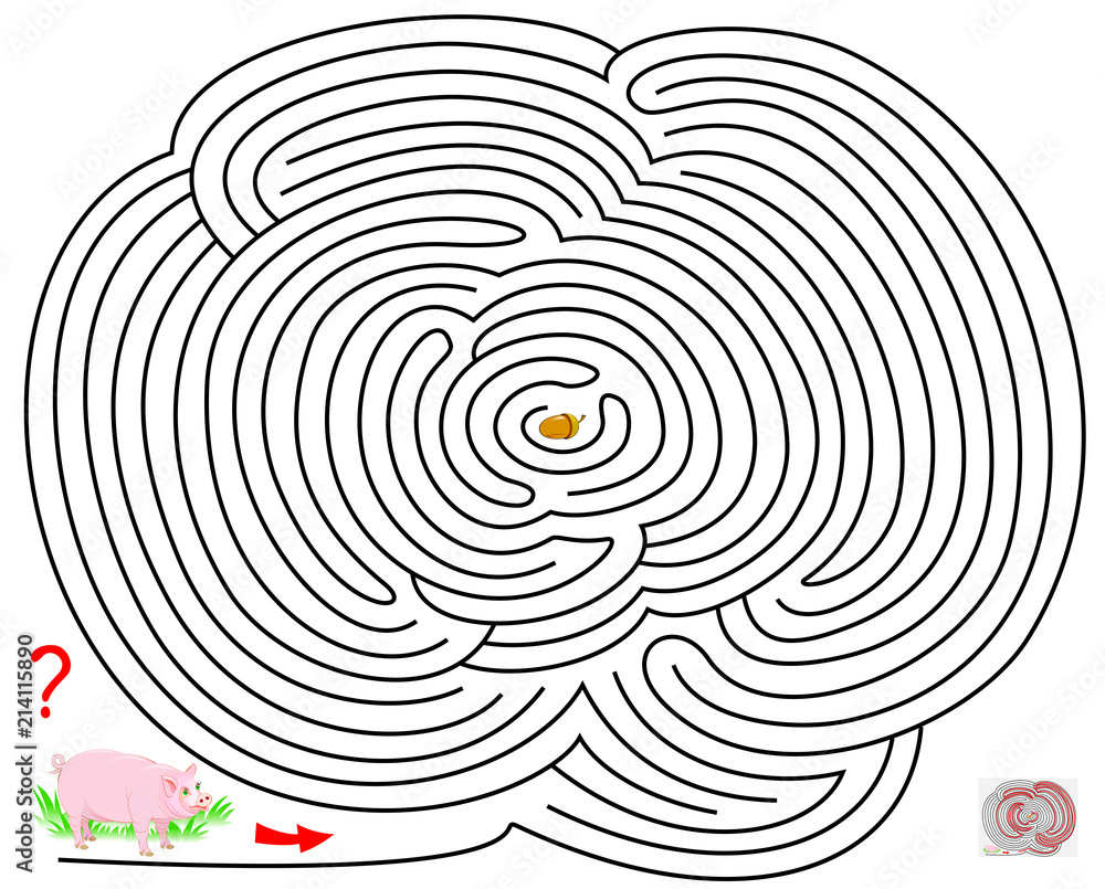 Logic puzzle game with labyrinth for children and adults. Help the pig ...