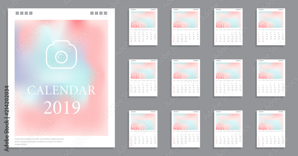 Vector blurred calendar for 2019 year. Horizontal design template with ...