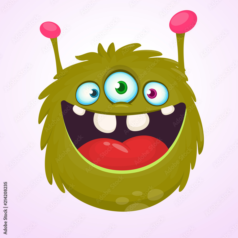 Happy green cartoon horned monster alien with three eyes. Smiling ...