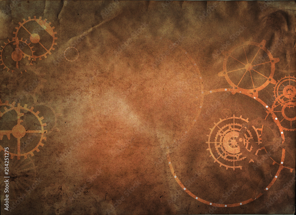 Vintage steampunk background, cogs and gears on grunge old canvas paper ...