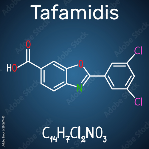 Tafamidis molecule. Structural chemical formula and molecule model on ...