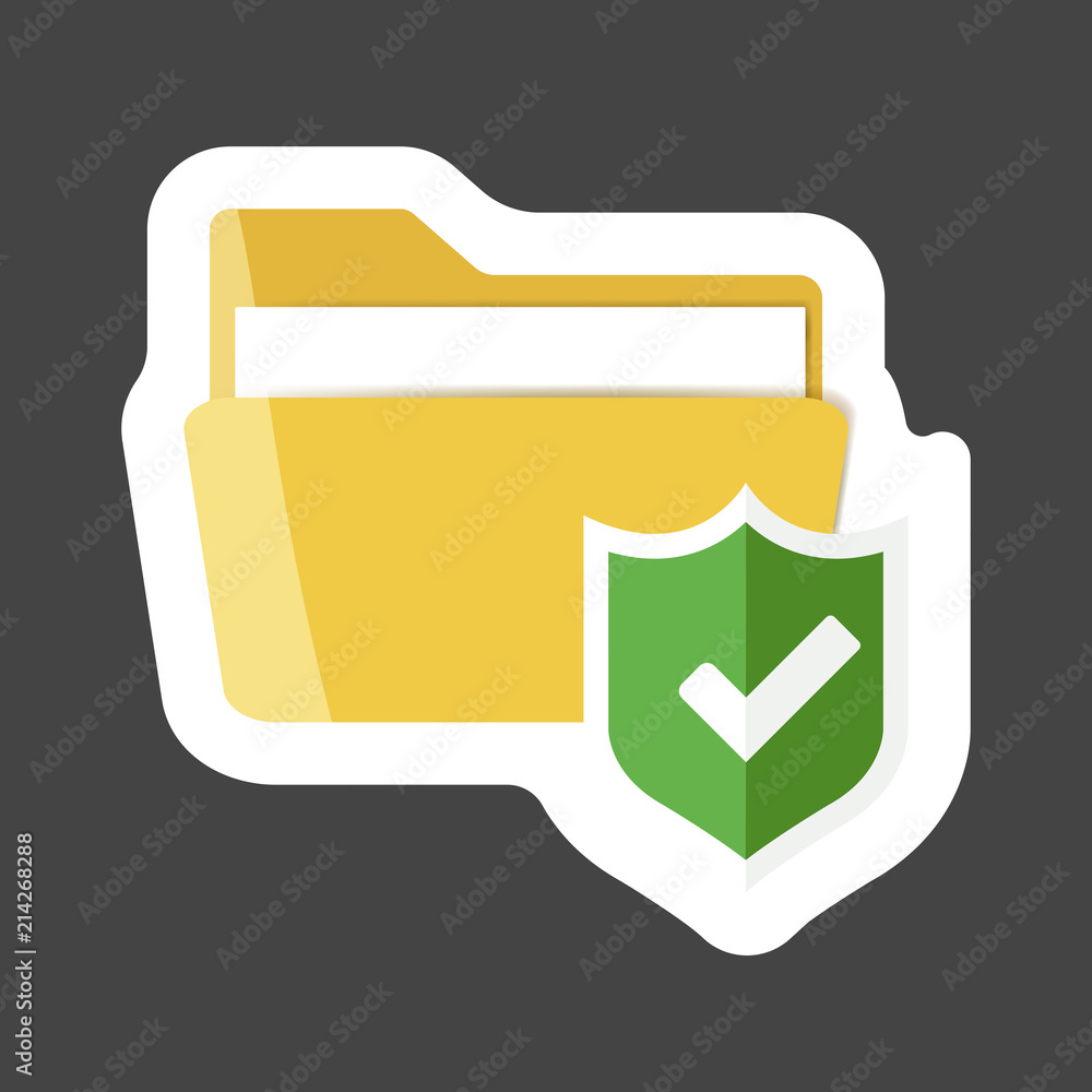 Folder vector icon. Folder and green shield. Notification of folder protection colored sticker ...