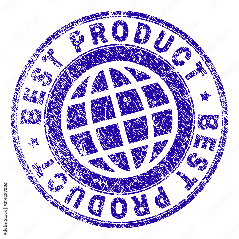 BEST PRODUCT stamp print with distress effect. Blue vector rubber seal ...