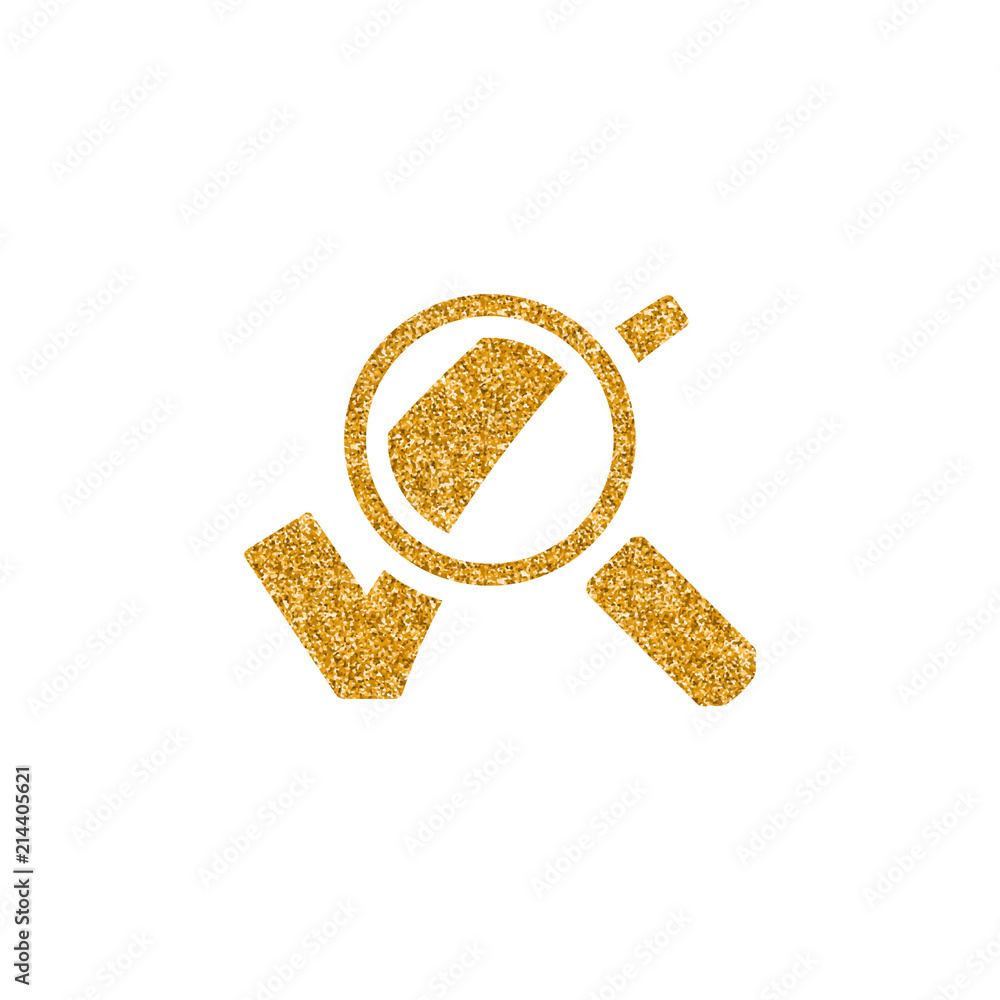 Magnifier check mark icon in gold glitter texture. Sparkle luxury style ...
