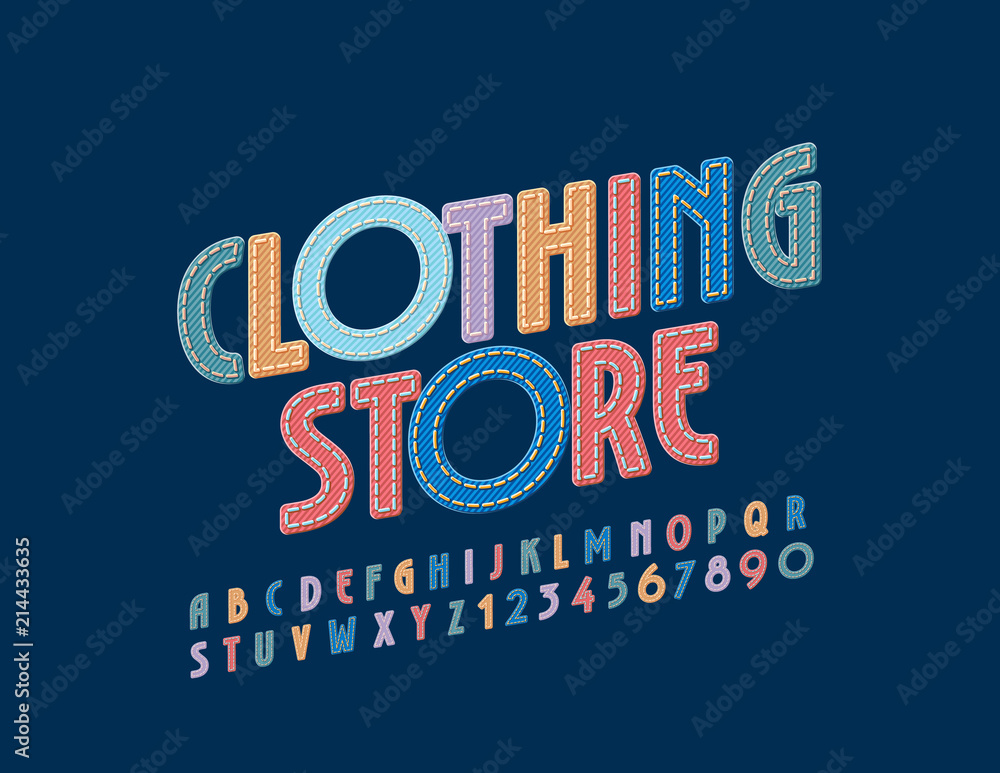 Denim Font with text Clothing Store. Colorful Alphabet Letters, Numbers ...
