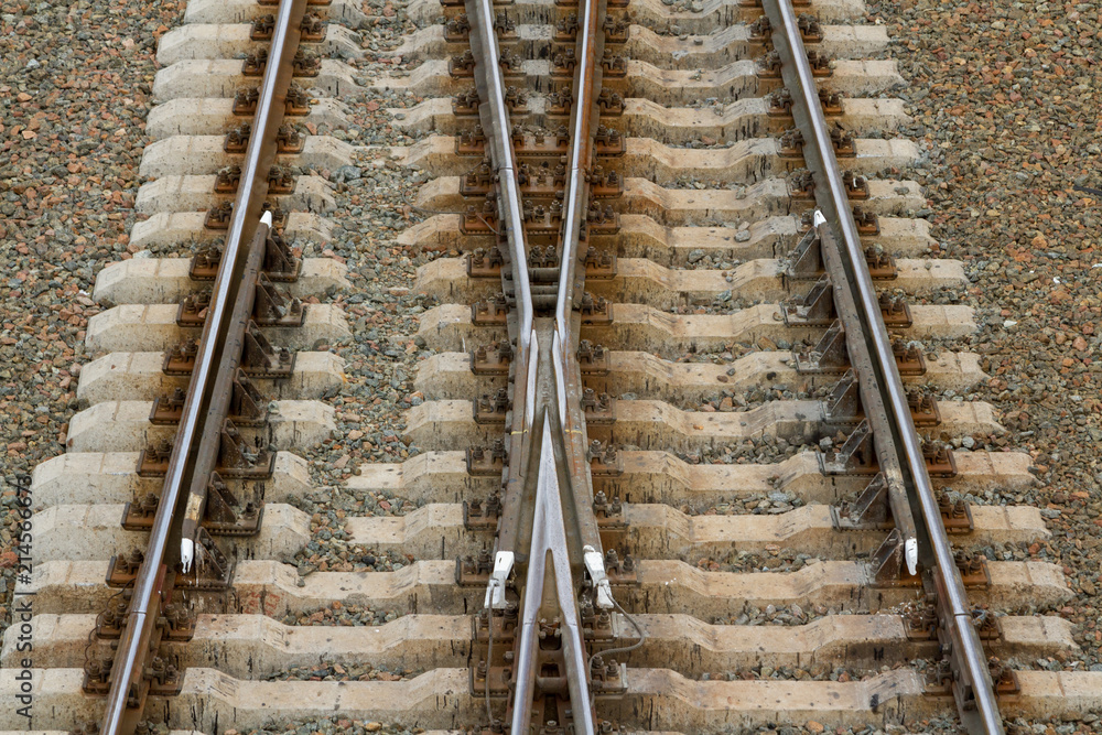 Railway branching. Railroad tracks. Rails. Crossing the rail. Weaving ...