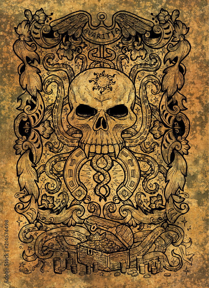 Greed. Latin word Avaritia means Avarice. Seven deadly sins concept on ...