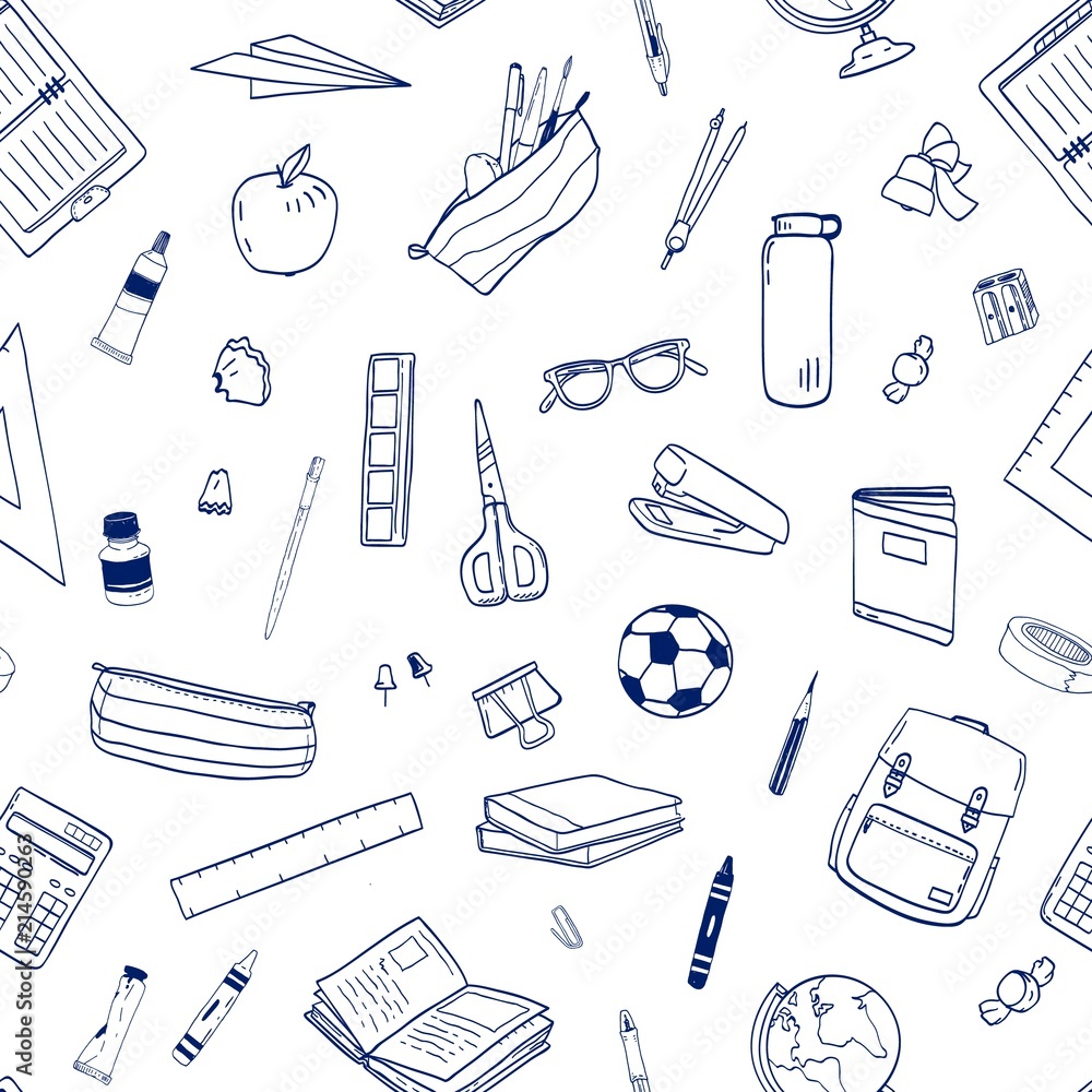 Seamless pattern with school supplies or stationery, items for learning ...