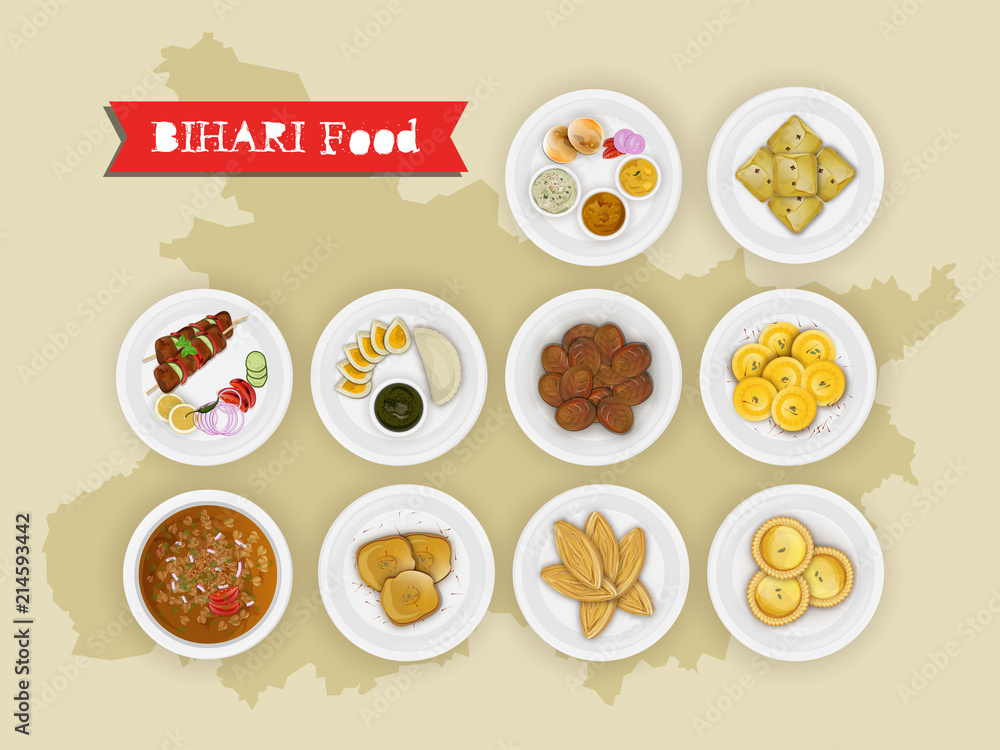 Bihari food set with state map and top view illustration of traditional ...