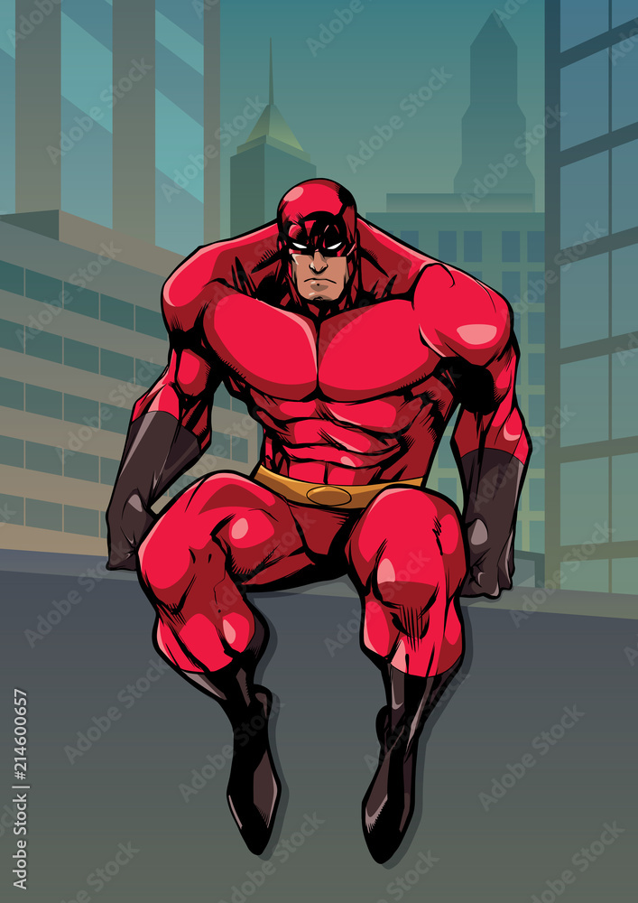 Full length illustration of powerful superhero sitting on the edge of a ...