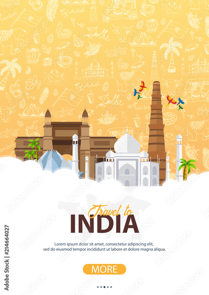 India travel banner. Indian Hand drawn doodles on background. Vector ...