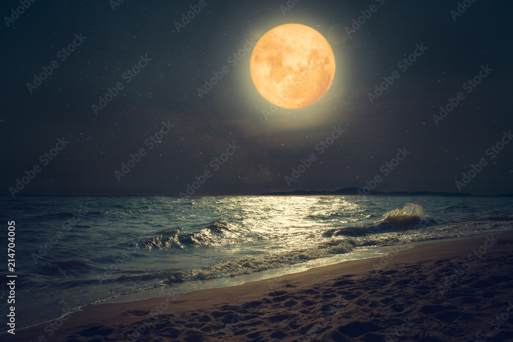 Beautiful fantasy tropical sea beach. Full moon (super moon) with star ...
