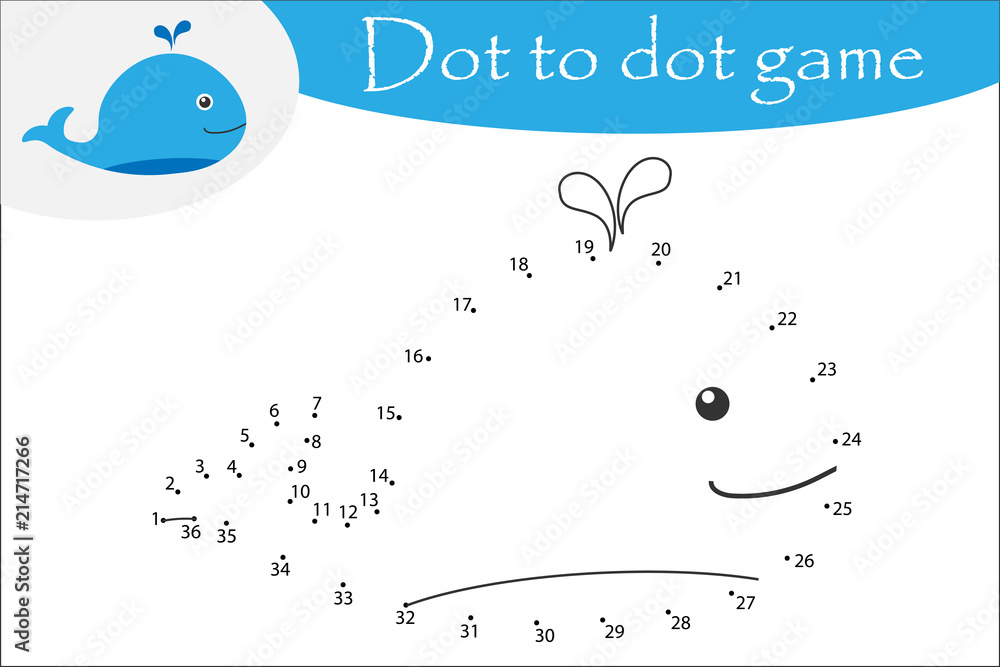 Praca wektorowa bez tantiem: Whale in cartoon style, dot to dot game ...