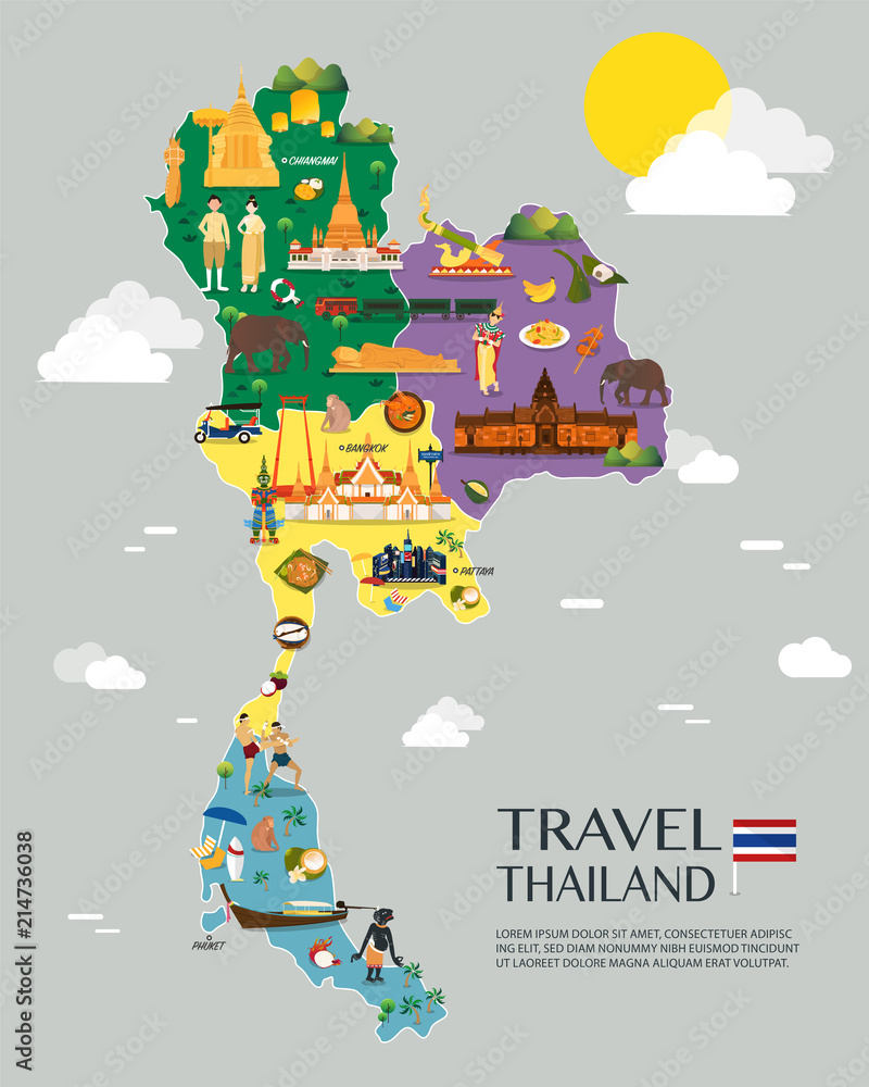Thailand map with colorful landmarks illustration design Stock Vector ...