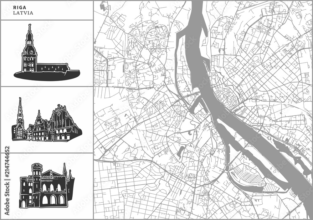 Riga city map with hand-drawn architecture icons Stock Vector | Adobe Stock