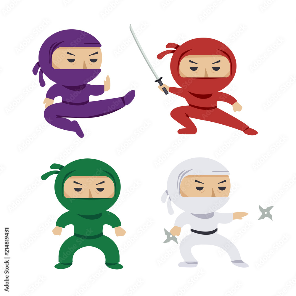 set of the cartoon colored ninjas with katana sword, martial arts poses ...