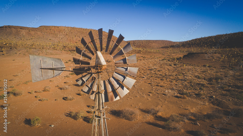 Aerial image over an old windmill / windpump / windpomp in the karoo ...