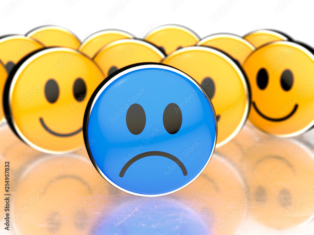One blue sad face in front and happy yellow faces behind. 3D rendered ...