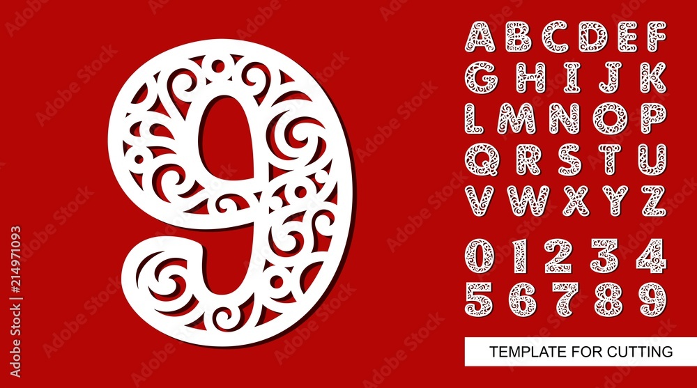 Vector de Stock Number nine - 9. Full English alphabet and digits 0, 1 ...
