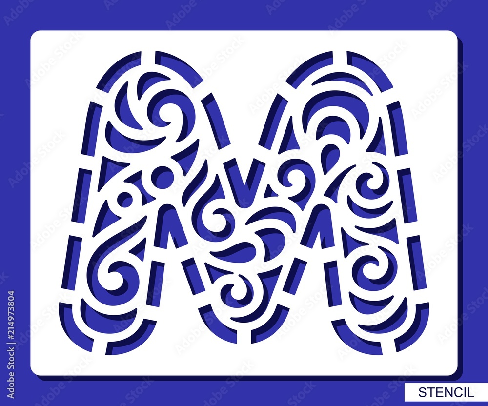 Stencil. Alphabet. Lacy letter M. Template for laser cutting, wood ...
