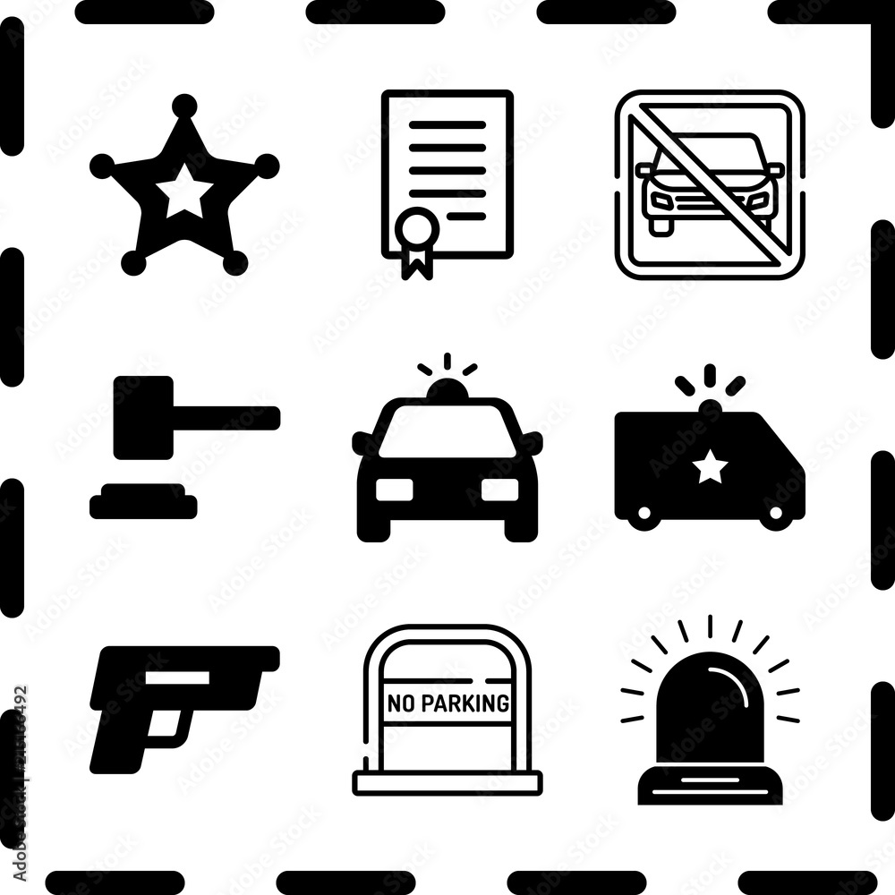 Simple 9 icon set of law related police car, mallet, no parking and no ...