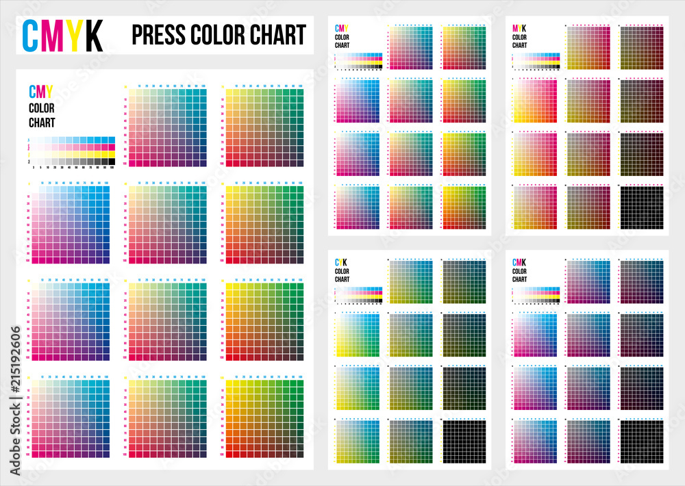 CMYK press color chart. CMYK process printing match. Cyan, magenta ...