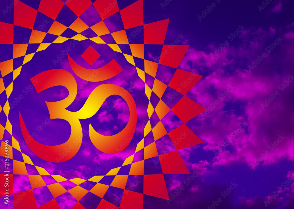 Bright yellow-red mandala with the sign Aum / Om / Ohm against the ...