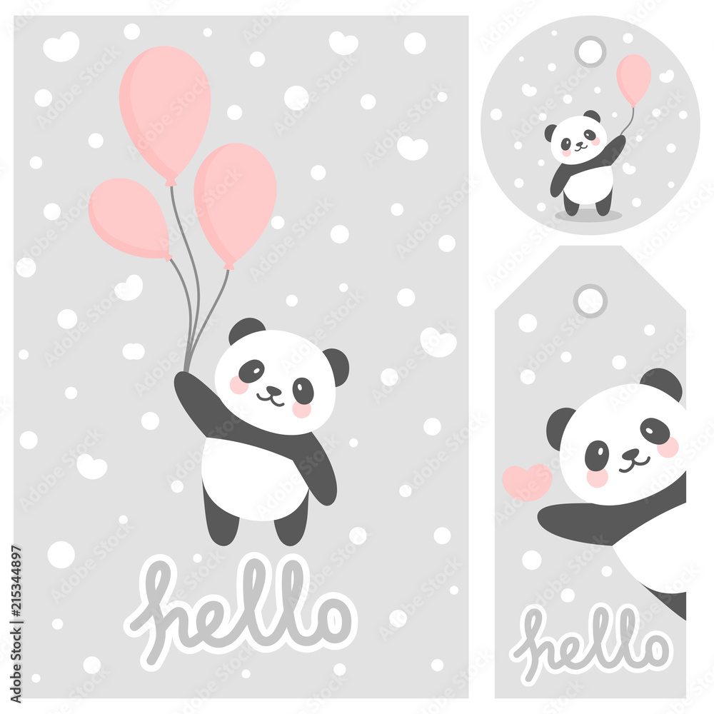Panda vector print, baby shower card. hello panda with balloon cartoon ...