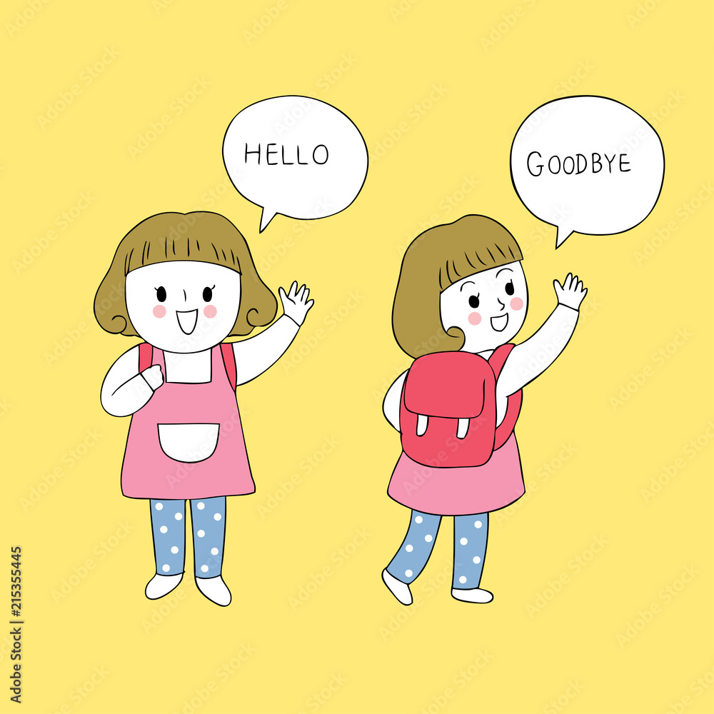 Vector de Stock Cartoon cute student girl say Hello and Goodbye vector ...