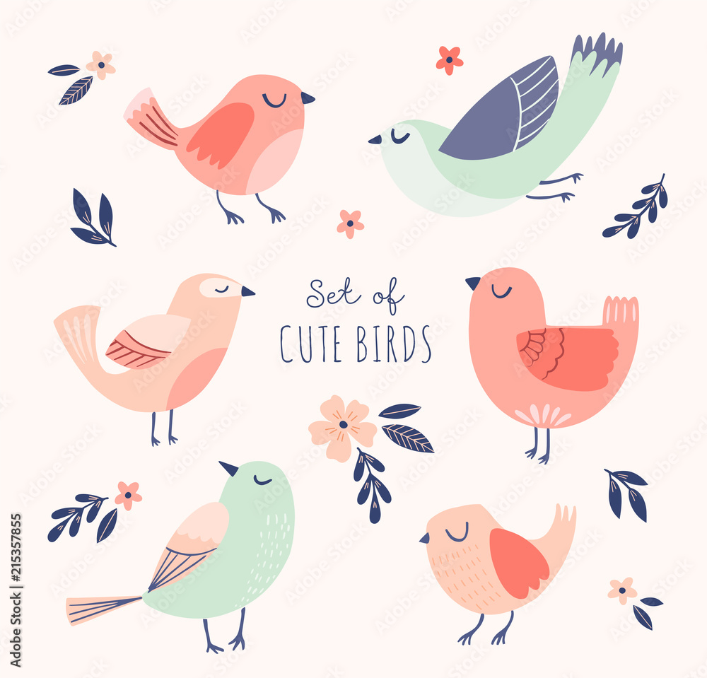 Set of cute vector birds with flowers and leaves. Spring, summer ...
