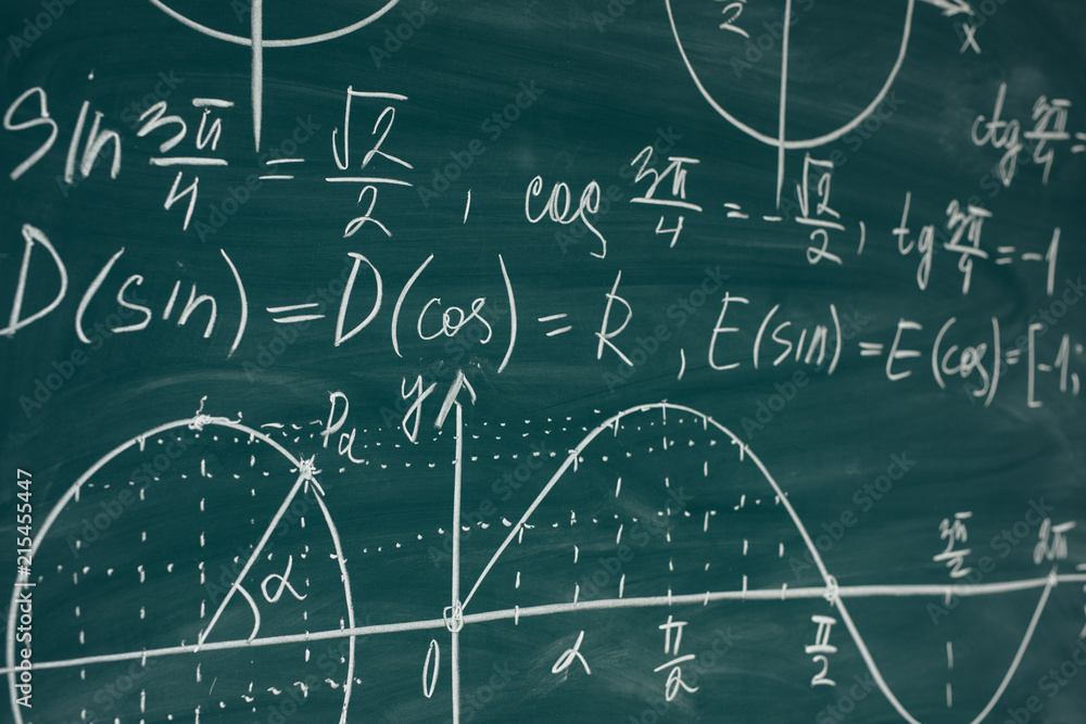 Trigonometry. School Chalkboard Function graphs Math lesson. Stock ...