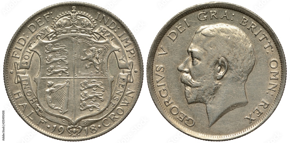 United Kingdom British silver coin 1/2 half crown 1918, crowned shield ...