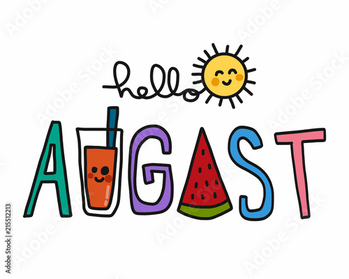 Hello August word and cute sun cartoon vector illustration Stock Vector ...