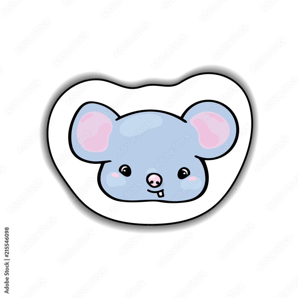 Cute mouse animal face vector sticker with shadow on white background ...