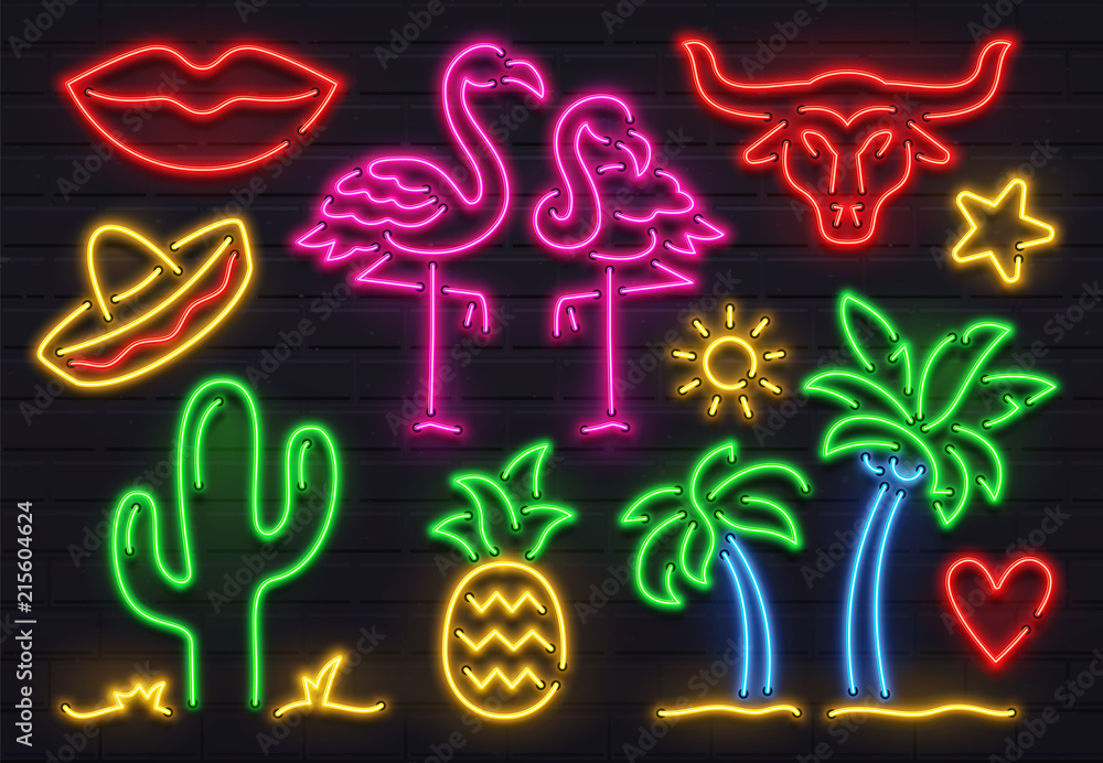 Retro fashion neon sign. Glowing fluorescent cactus, pink flamingo and ...