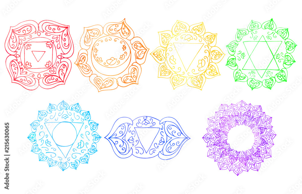 Chakras set Chakra silhouettes Line illustration Stock Illustration ...