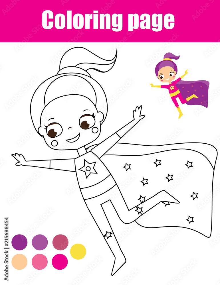 Coloring page with superhero girl. Drawing kids activity. Printable ...