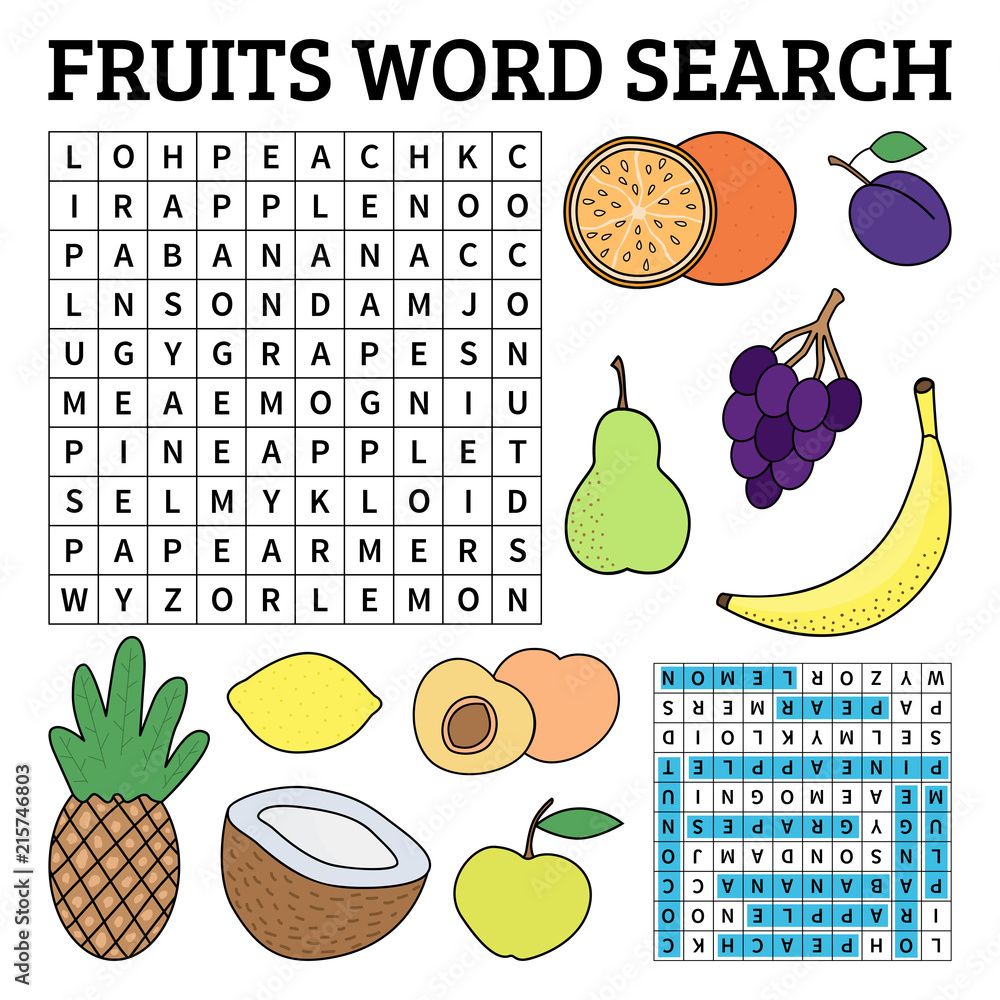 Fruits word search game for kids Stock Vector | Adobe Stock