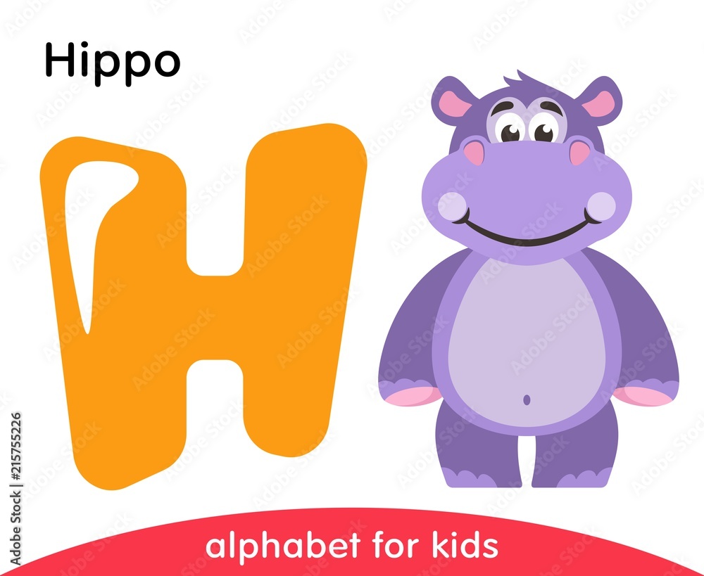 Yellow letter H and violet Hippo. English alphabet with animals ...