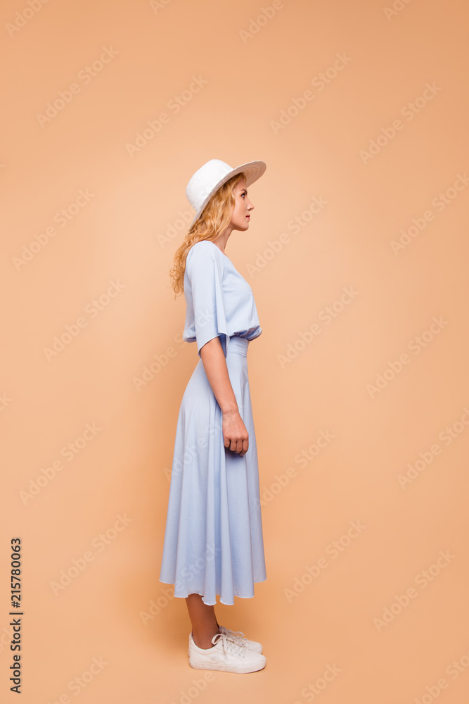 Vertical full length size half faced turned view photo portrait of nice ...