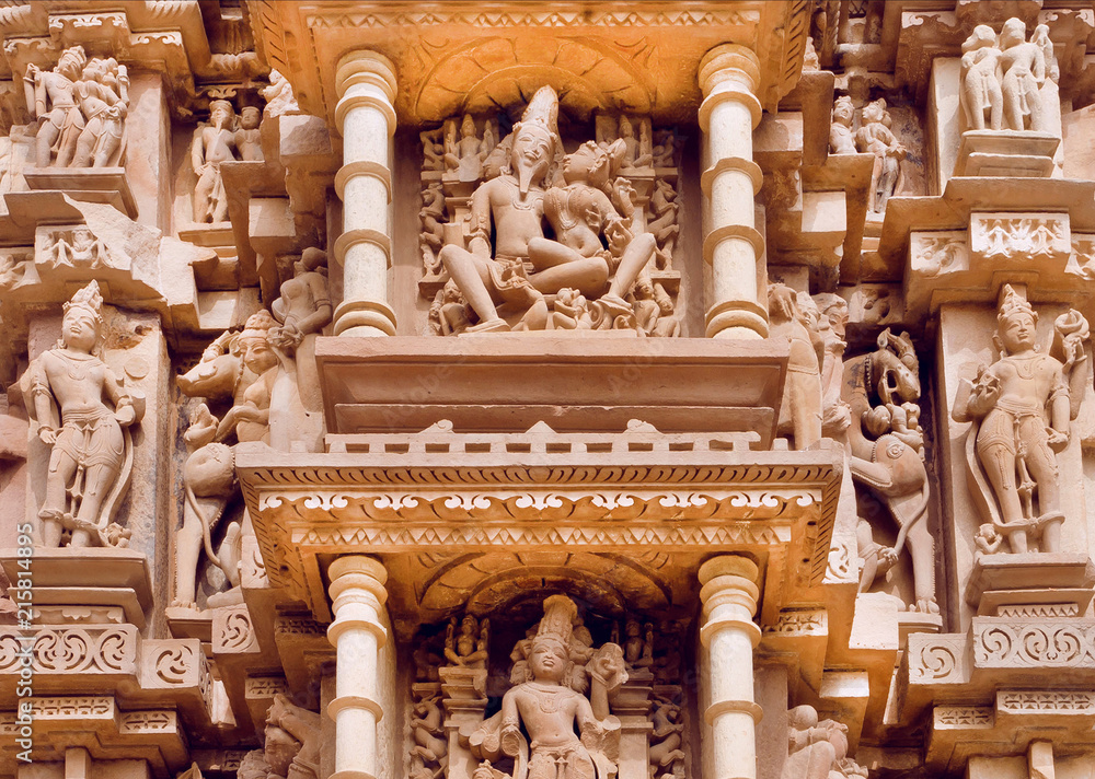 Indian architecture with figures of Lord Shiva and wife Parvati ...