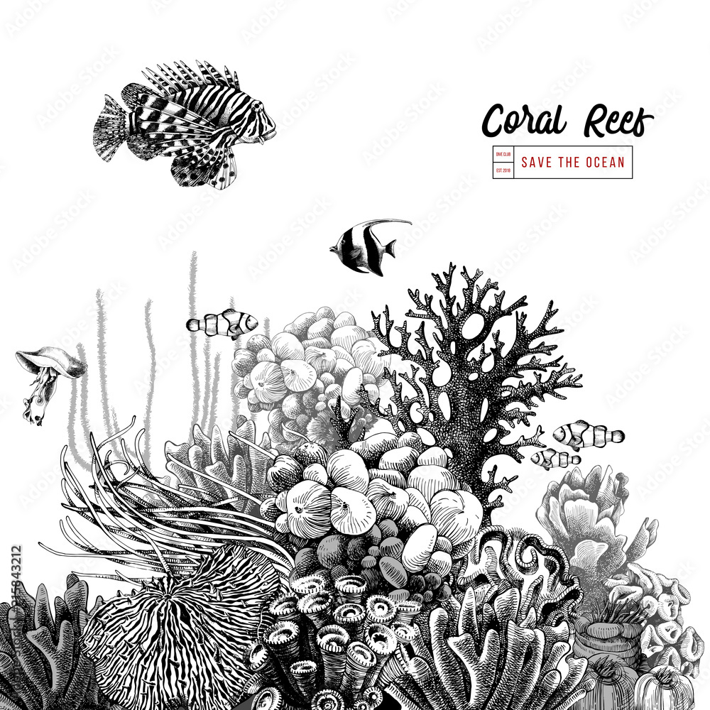 Hand drawn coral reef with tropical fishes Stock Vector | Adobe Stock