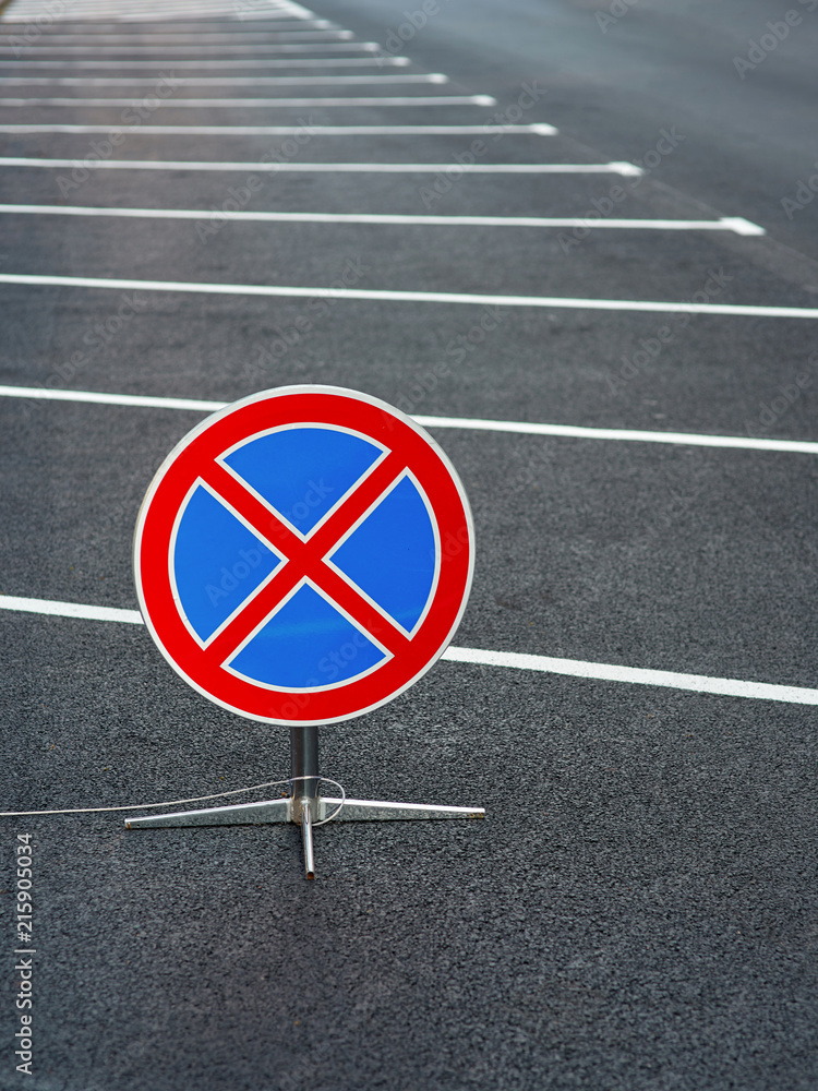 No stopping and parking road sign. Road marking on the asphalted ...