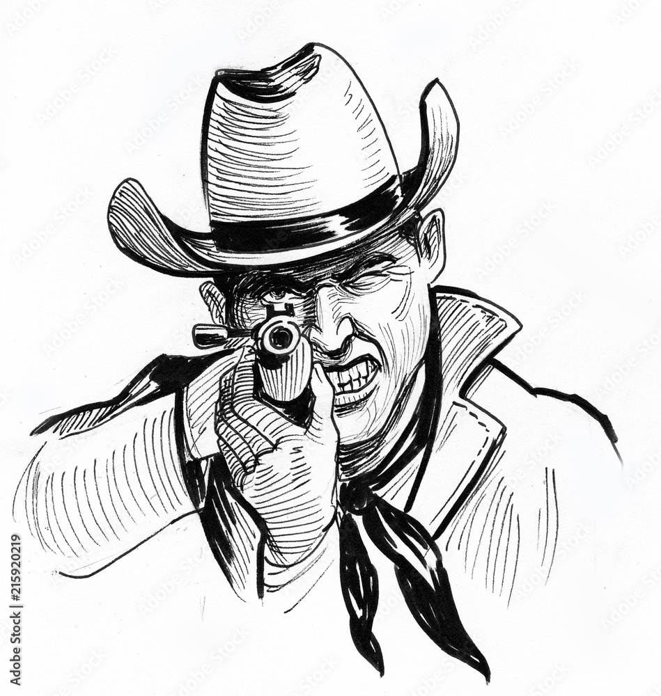 Mad cowboy aiming gun at viewer. Ink black and white illustration Stock ...