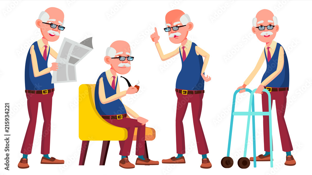 Old Man Poses Set Vector. Elderly People. Senior Person. Aged. Active ...