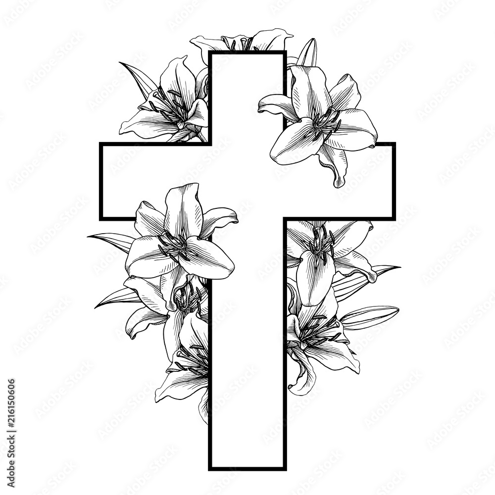 Funeral cross with white lilly flowers. Vector. Stock Vector | Adobe Stock