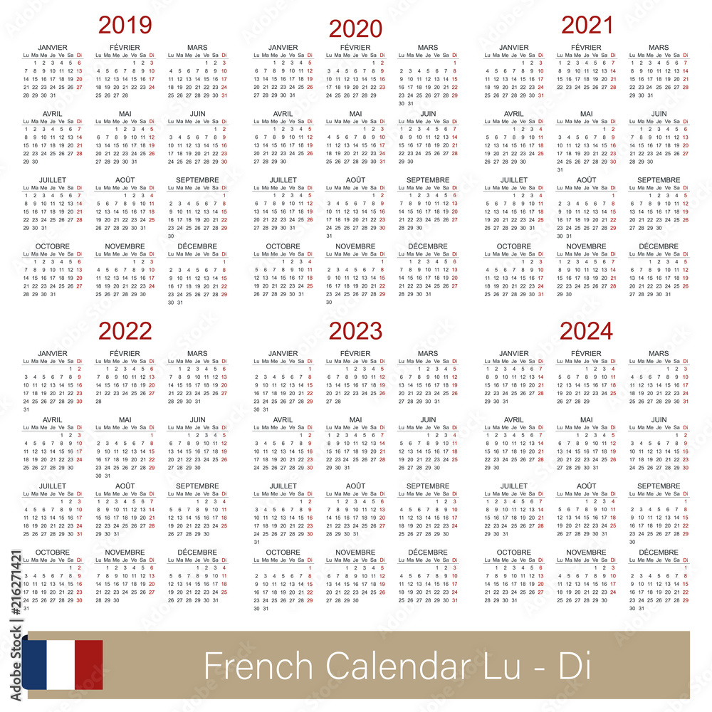 French calendar 2019 - 2024 / French calendar week starts on Monday ...