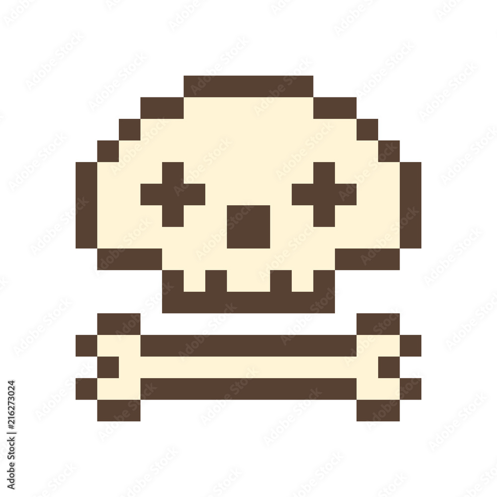 Skull and bone, 16x16 pixel art icon isolated on white background ...