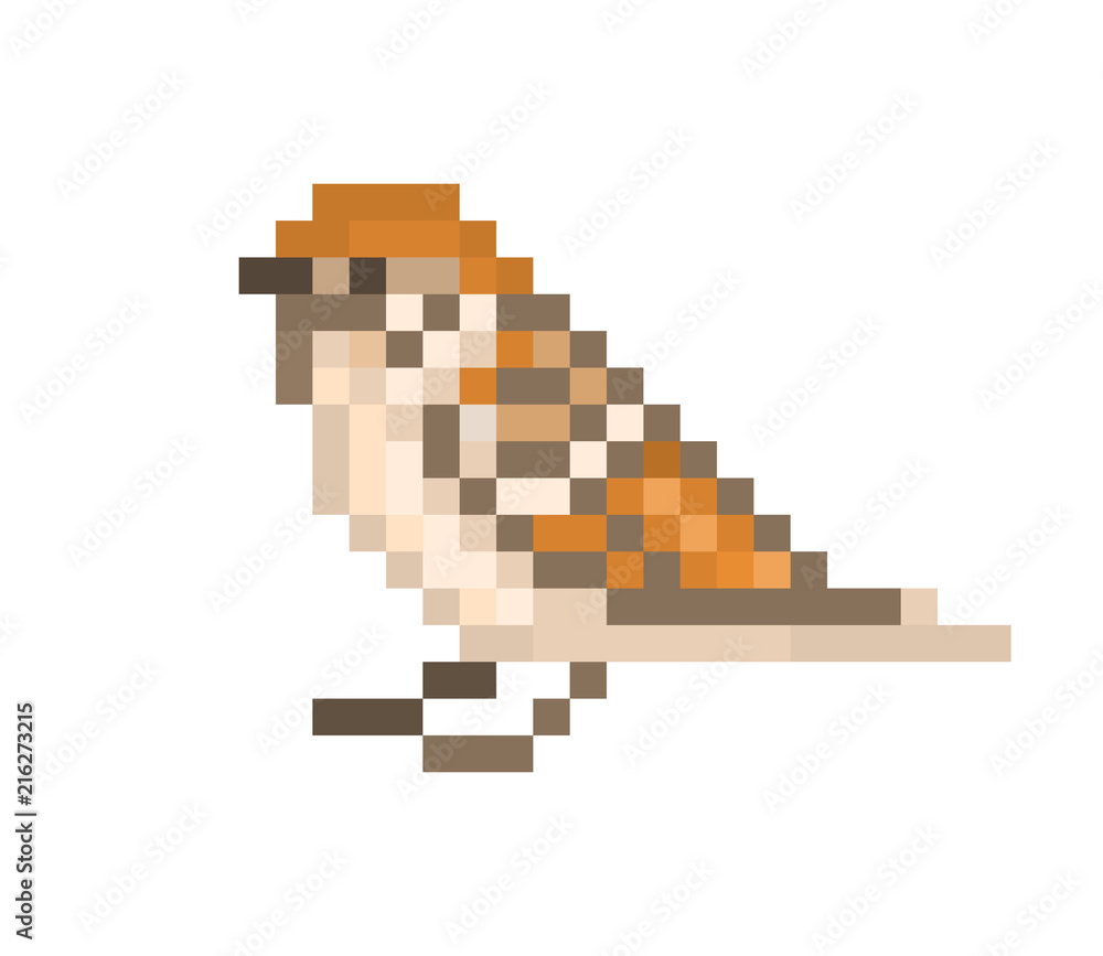 Pixel art sparrow isolated on white background. 8 bit little bird icon ...
